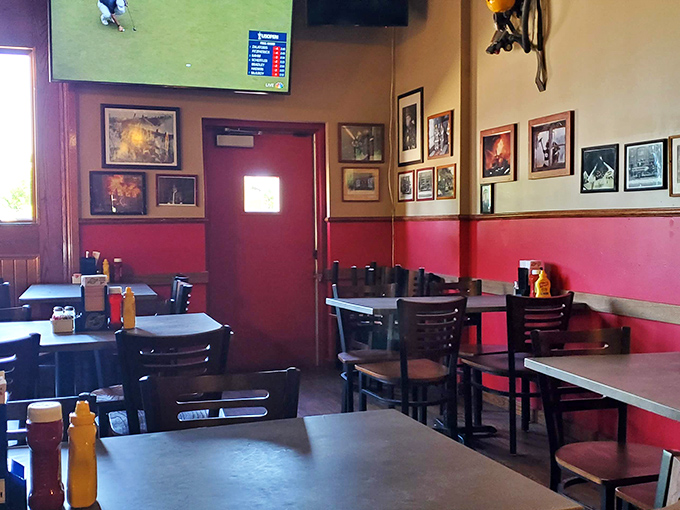 The dining room's warm color scheme and firefighting memorabilia create an atmosphere that's both cozy and full of character.