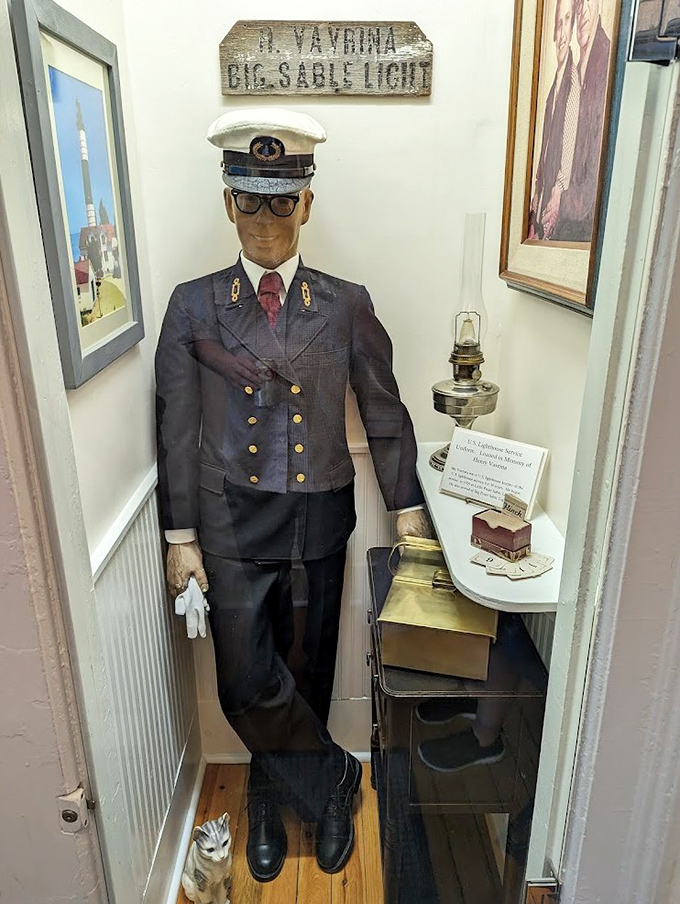 The fashion statement of lighthouse keepers past, practical, dignified, and surprisingly stylish for someone whose office was a tower in the middle of nowhere.