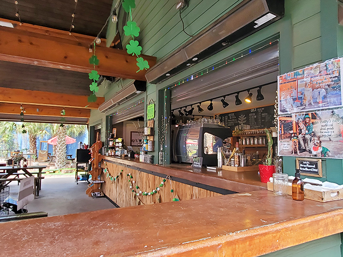 The charming bar area features St. Patrick's Day decorations, wooden accents, and an inviting counter where both drinks and friendships flow freely.