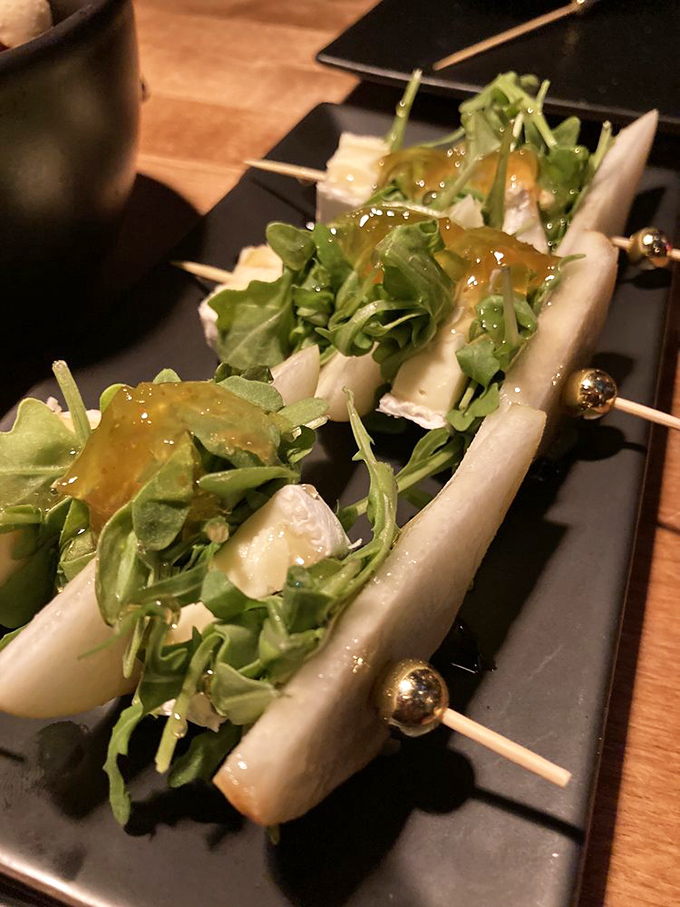 Pear and brie skewers offer a perfect flavor expedition &ndash; the sweet fruit, creamy cheese and peppery arugula create a first-class taste voyage.