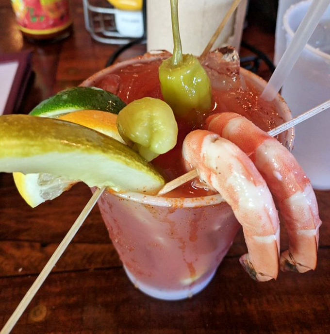 Shrimp Bloody Mary: Part cocktail, part appetizer, all spectacular &ndash; this drink comes with enough garnishes to qualify as its own food group.