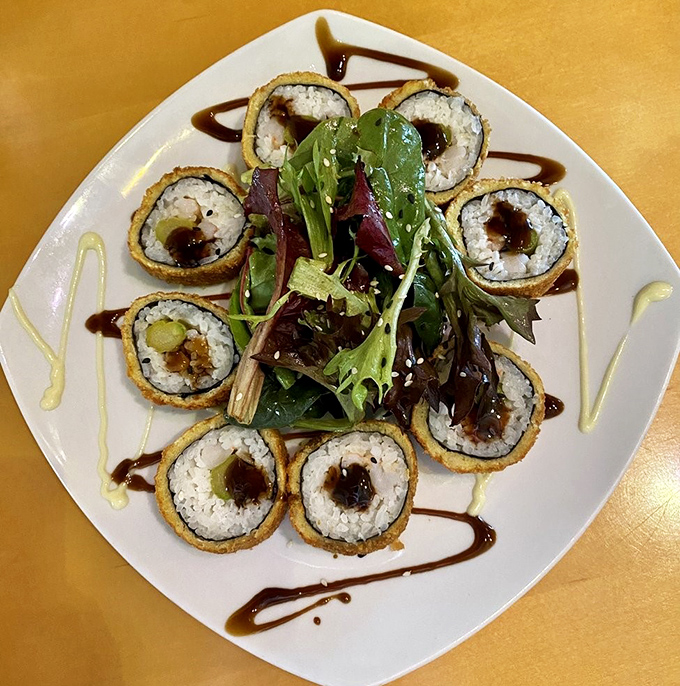 East meets Greek in this unexpected fusion &ndash; crispy, colorful sushi that proves Mythos isn't bound by Mediterranean borders.