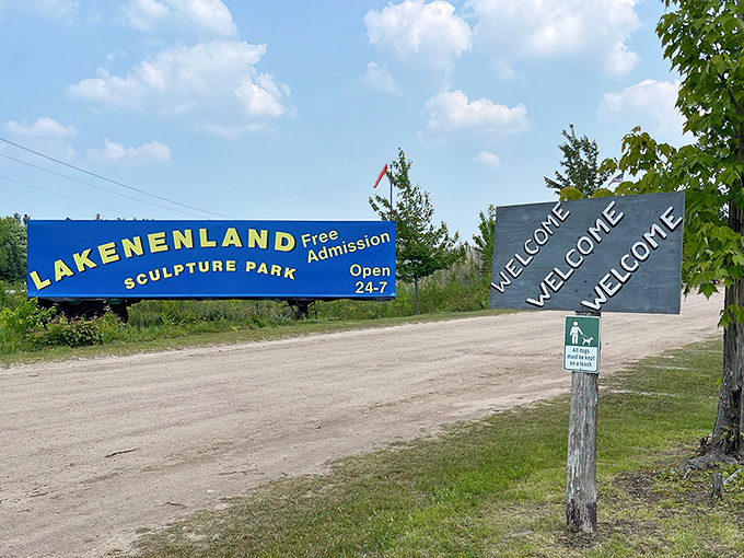 The roadside signage promises free admission and 24/7 access, making this artistic wonderland one of Michigan's most accessible cultural attractions.