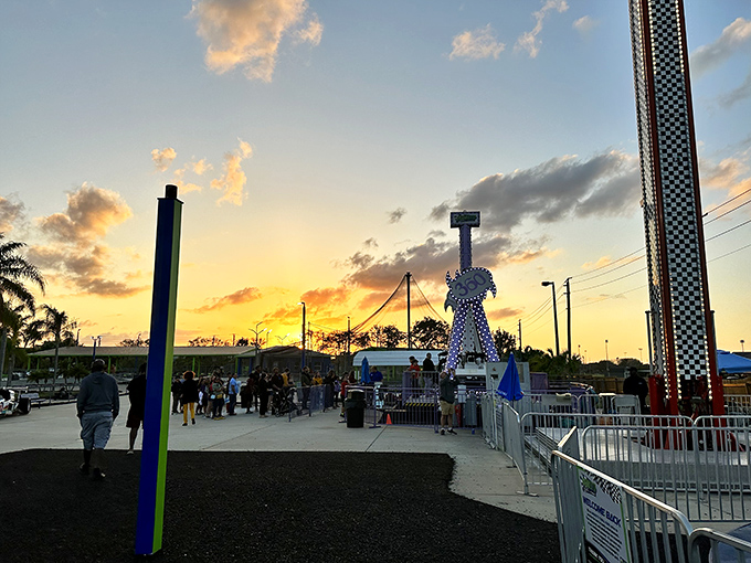 As day turns to dusk, the park transforms with twinkling lights that create a magical atmosphere for evening adventures.