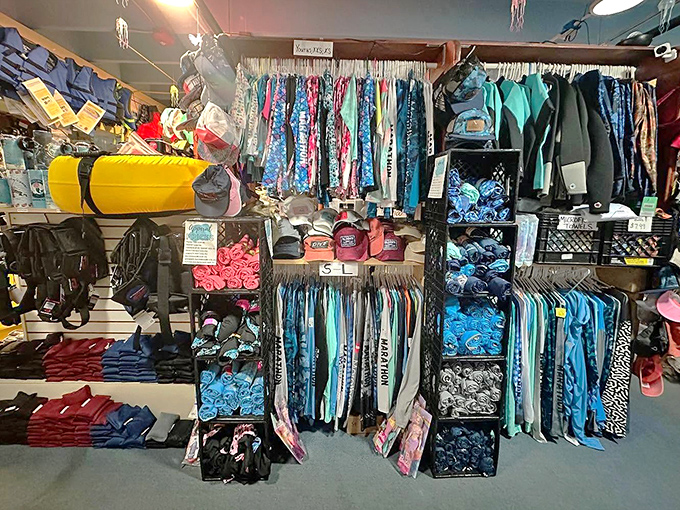 Inside Tilden's, diving gear awaits adventurers ready to meet the real-life (albeit smaller) cousins of the magnificent monarch outside.