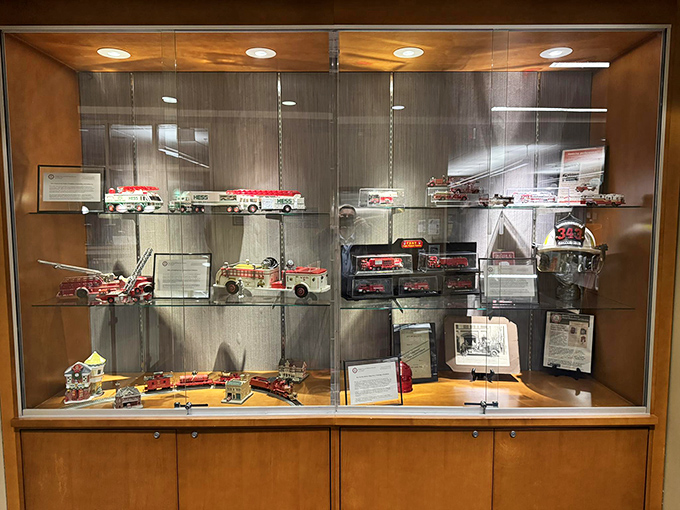 This impressive display of miniature fire trucks shows how toy manufacturers captured America's fascination with these heroic vehicles across generations.