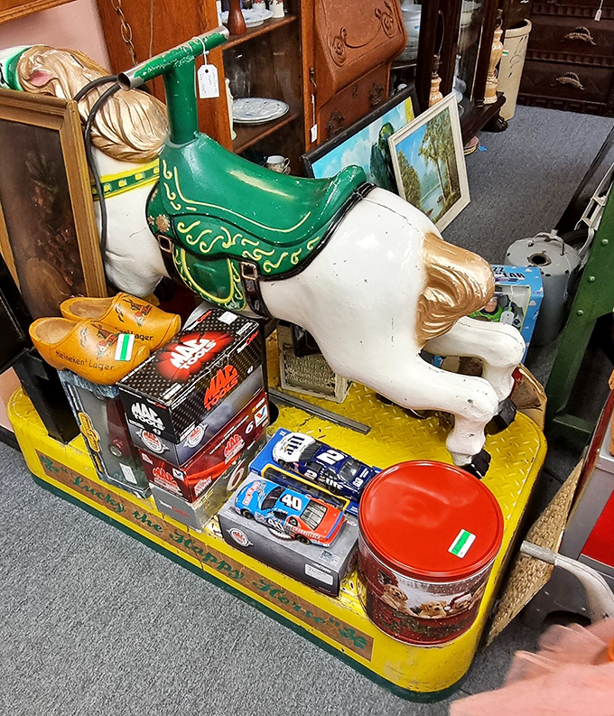 Frozen mid-gallop, this vintage carousel horse waits patiently for its next rider &ndash; a whimsical reminder of simpler entertainment from carnival days past.