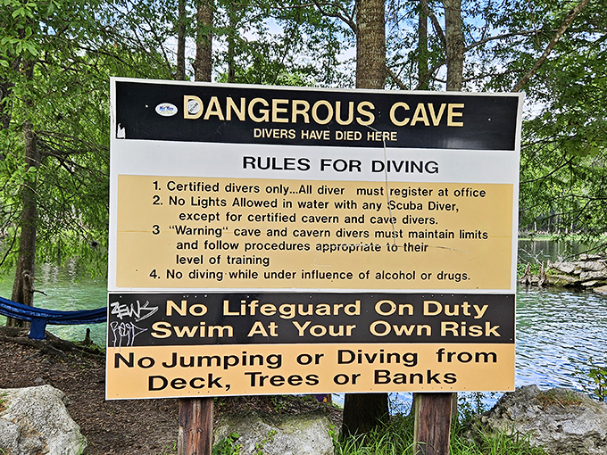 This sign isn't kidding around &ndash; a sobering reminder that beneath the beauty lies real danger for unprepared or uncertified divers.
