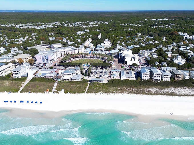 From above, Seaside reveals its perfect harmony of design &ndash; a coastal community where every element serves both beauty and purpose.