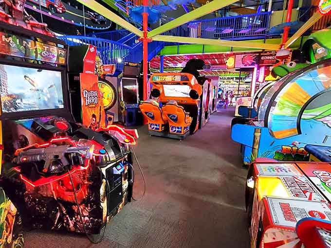 The arcade's colorful chaos promises hours of entertainment and the chance to win prizes that will definitely not fit in your luggage.