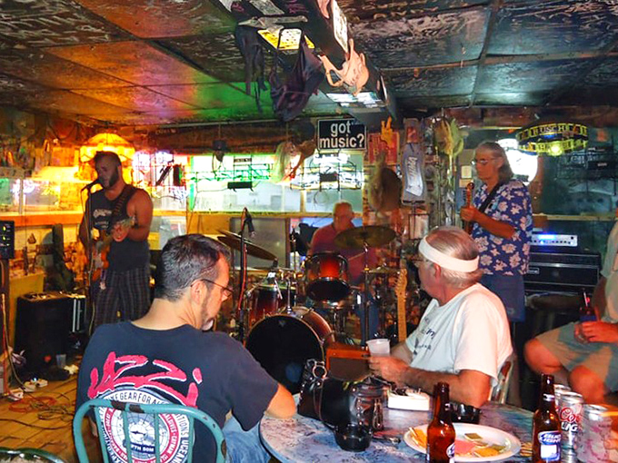 Live music transforms the cluttered space into an intimate venue where the line between performer and audience blurs beautifully.