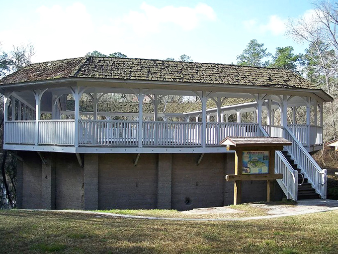 Time and elements have worn away at the bathhouse remains, yet its architectural bones stand defiant against Florida's relentless humidity.