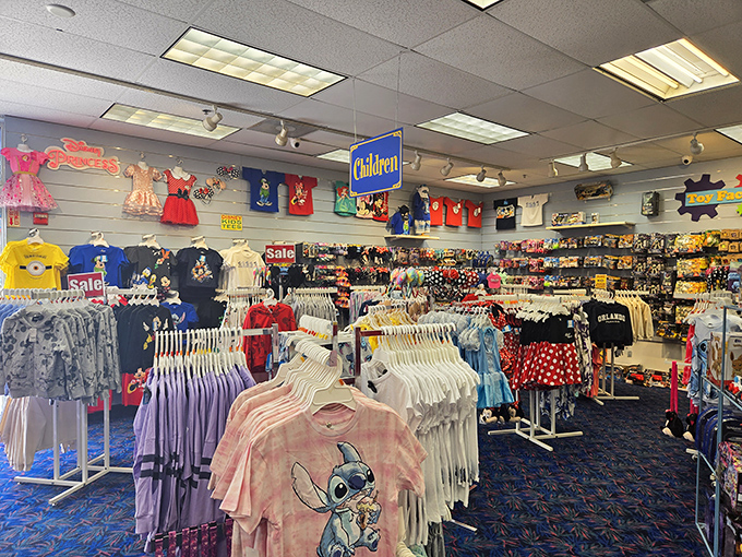 Children's clothing section: Tiny outfits featuring beloved characters create a rainbow of options for the youngest Disney fans &ndash; princess dresses to superhero tees.