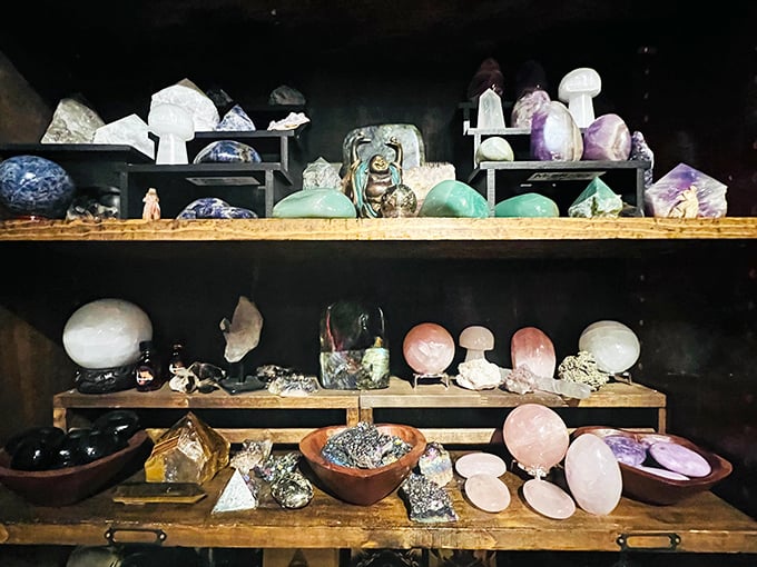 Crystal specimens in every hue imaginable catch the light, promising metaphysical properties or simply stunning additions to your windowsill collection.