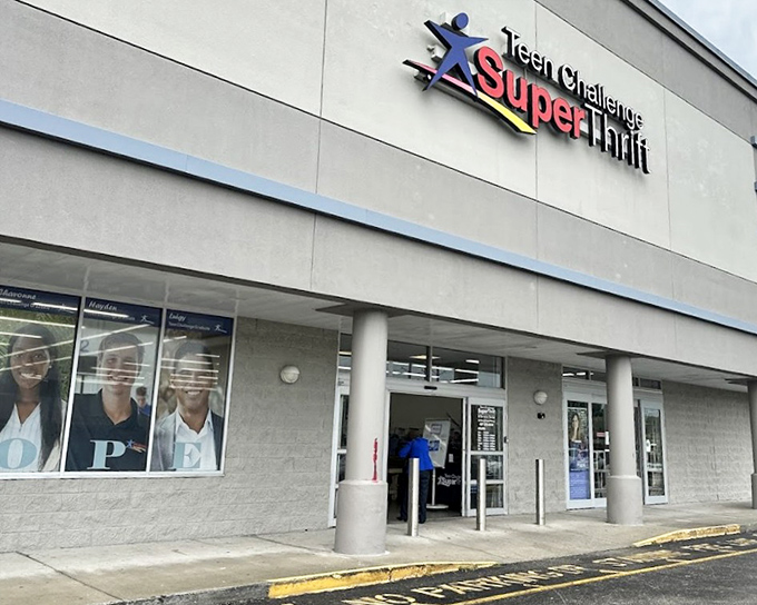 The welcoming entrance to Teen Challenge SuperThrift, where your shopping adventure begins and your wallet breathes a sigh of relief.