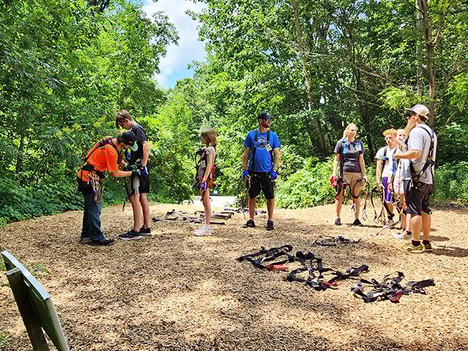 Safety first! These adventurers get properly equipped while mentally preparing for the moment when solid ground becomes a distant memory.