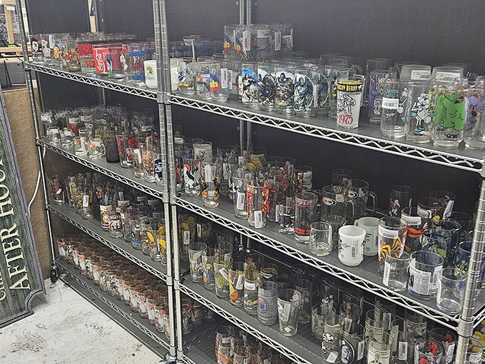 Glasses that have toasted everything from moon landings to forgotten birthdays line the shelves in transparent testimony.