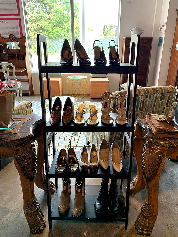 Meticulously arranged footwear spans practical flats to statement heels, with designer names peeking out from barely-worn soles &ndash; Cinderella moments waiting on every shelf.