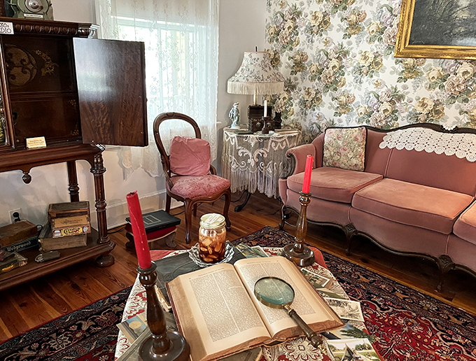 The parlor where proper Victorians entertained guests &ndash; that open book and magnifying glass suggest someone stepped away just moments ago... or perhaps a century ago.