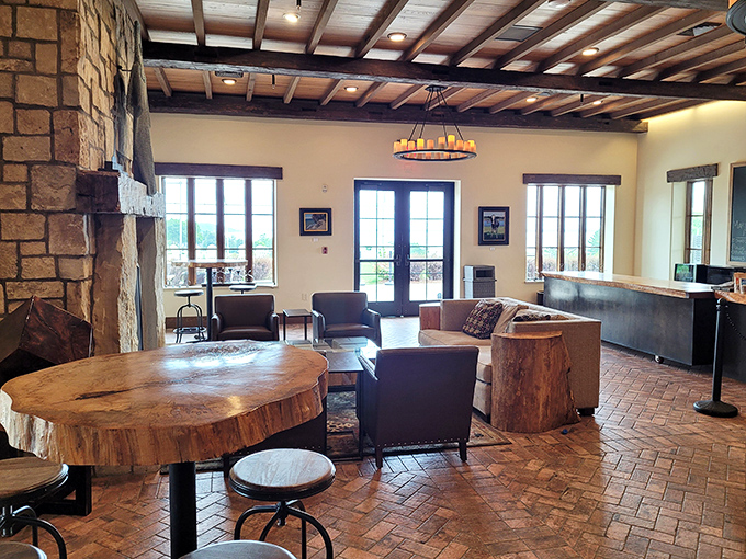 Rustic elegance invites lingering conversations &ndash; Mari's lounge area features live-edge tables and comfortable seating where wine stories flow as freely as the pours.