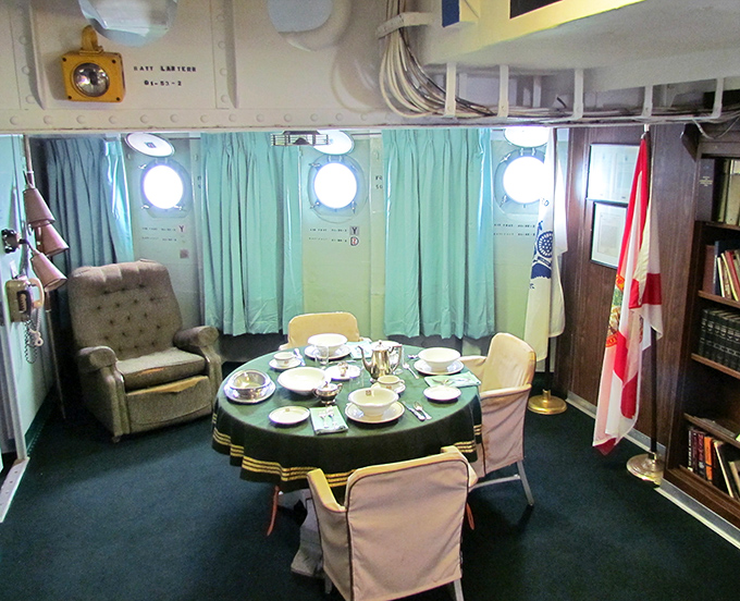 Officers relaxed and strategized in this wardroom, where important decisions were made over meals served on proper china.