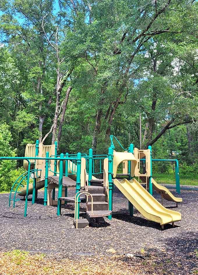 Little adventurers conquer the playground while parents watch from nearby, grateful for this energy-burning interlude between swimming sessions.