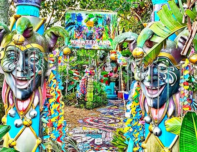 Carnival-like entrance figures welcome visitors with manic grins, setting the tone for the delightful madness that awaits beyond.