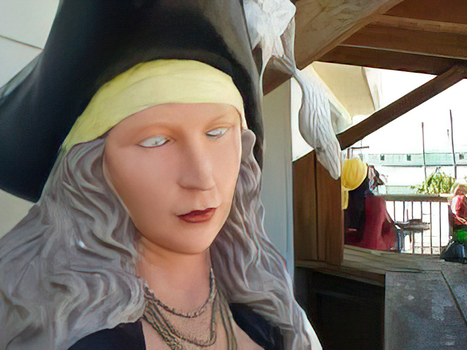 This seafaring lady seems lost in thought, perhaps contemplating the irony of a pirate who never actually sets sail.