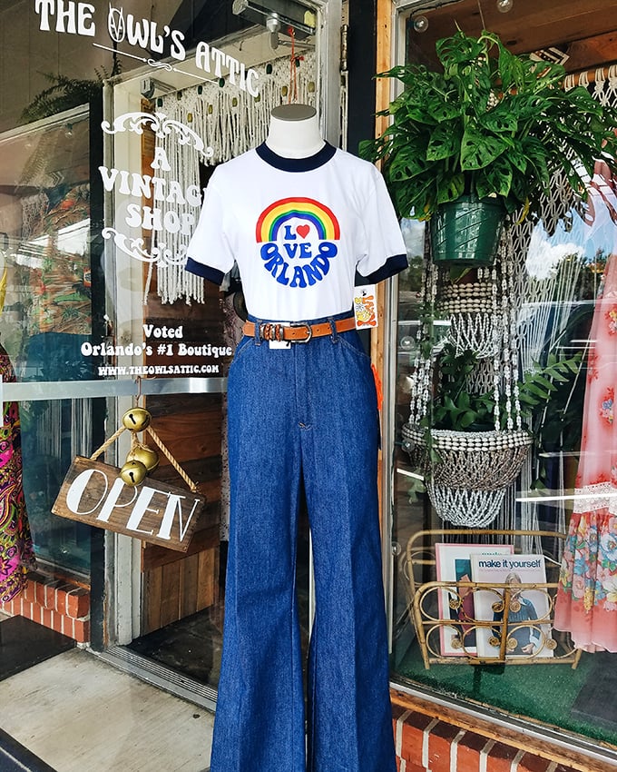 The "I Love Orlando" display showcases local pride &ndash; vintage-inspired fashion with a modern twist, perfect for tourists and locals alike.