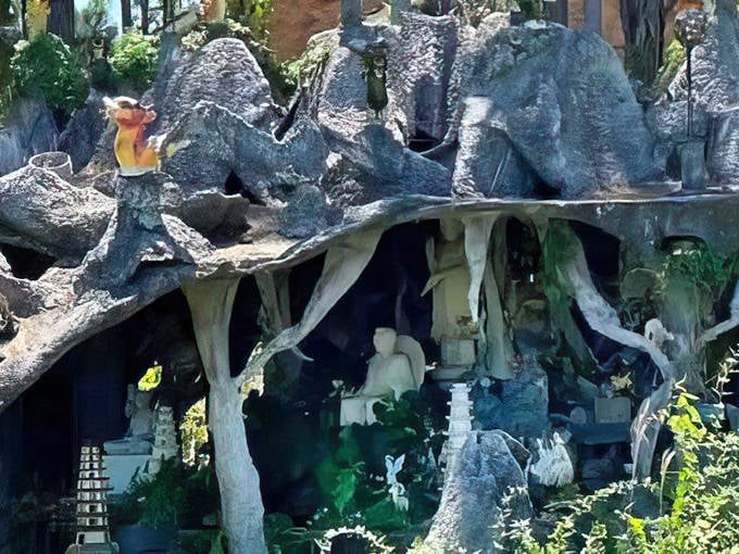 This yard art wonderland features whimsical creatures that seem to have escaped from someone's wildly creative imagination.