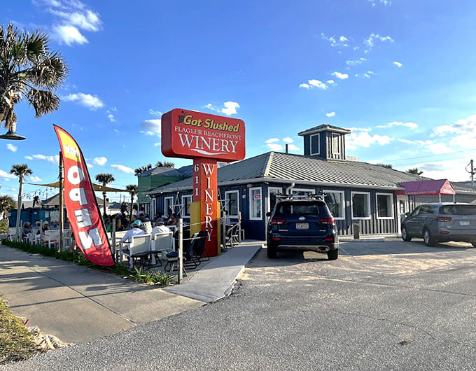 The "Got Slushed" sign perfectly captures the playful, beachy vibe of this oceanside winery.