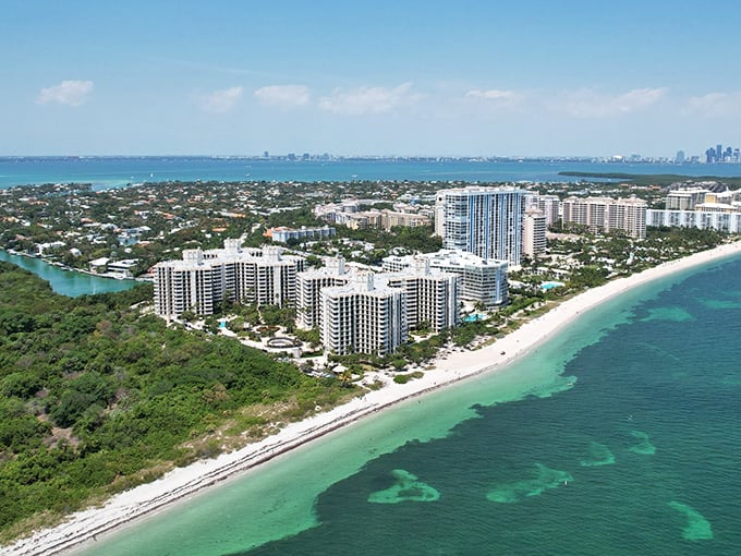 Key Biscayne's stunning shoreline offers views of both natural beauty and Miami's skyline in the distance.