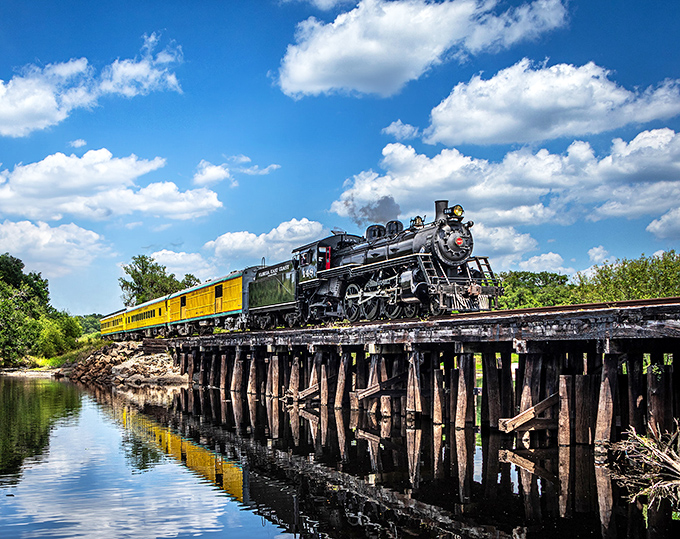The magnificent Sugar Express steam locomotive powers through Florida's agricultural heartland, billowing steam against a perfect blue sky.