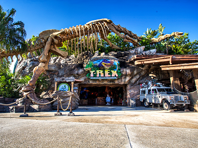 T-Rex Cafe makes a jaw-dropping first impression with its massive dinosaur skeleton entrance arching over arriving guests.