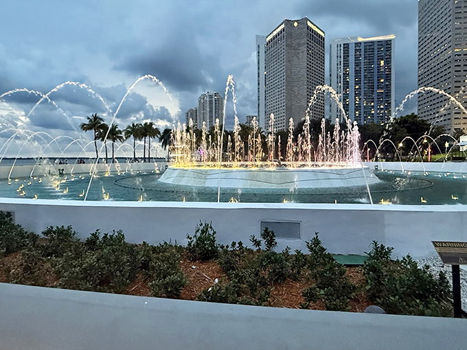 Bayfront Park's fountain captures Miami's vibrant energy, with arcing water jets creating a refreshing counterpoint to the city's urban intensity.