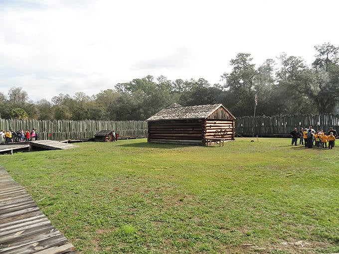 The reconstructed log buildings inside the fort offer visitors a glimpse of military life on Florida's frontier, where soldiers lived in rustic conditions.