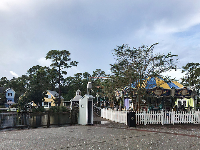 The carousel peeks through trees, a nostalgic reminder that some childhood joys never lose their magic, no matter how many gray hairs you've collected.