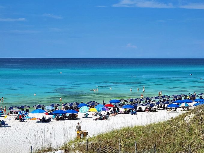 Beachgoers: The perfect beach day unfolds as visitors stake their claim on this slice of paradise.