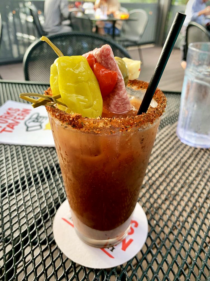 Turk's legendary Bloody Mary arrives like a garden party in a glass, garnished with enough goodies to count as an appetizer.