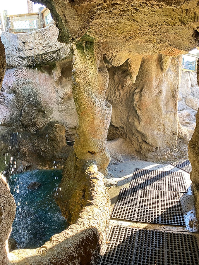 Cave Waterfall Path: Inside the cave, stalactites and flowing water create a cool grotto experience that's as much about exploration as it is about golf.
