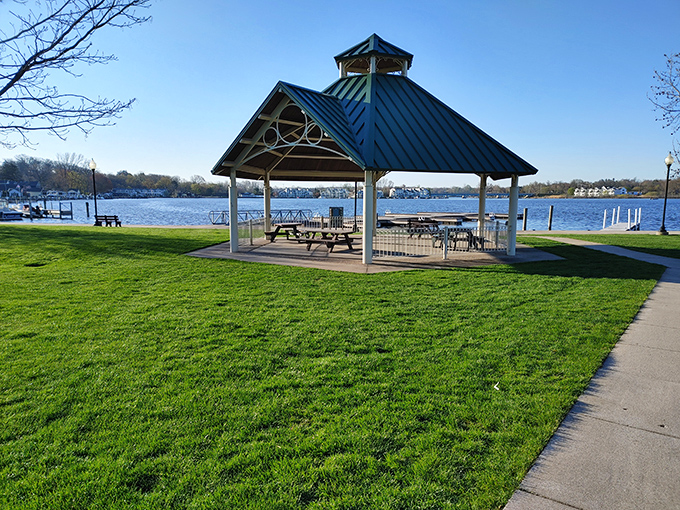 Coghlin Park's gazebo stands ready for summer concerts, picnics, and those moments when you need to just sit and watch the water.