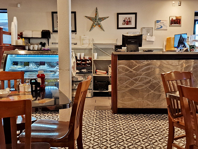 The counter area offers front-row seats to the kitchen ballet, where short-order magic happens before your very eyes.