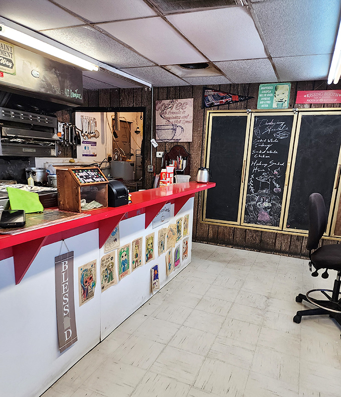 The counter where burger dreams come true, complete with hand-written specials that change with the pitmaster's whims.