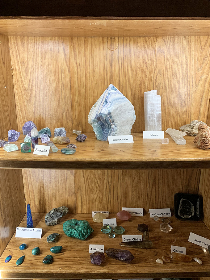 The crystal and mineral collection provides a surprisingly scientific counterpoint to the paranormal exhibits, with specimens meticulously labeled and displayed.