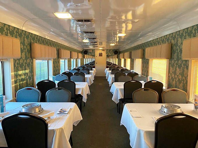 Before the mystery begins, the dining car sits in anticipation, each table a blank canvas waiting for dinner, drama, and at least one dastardly deed.