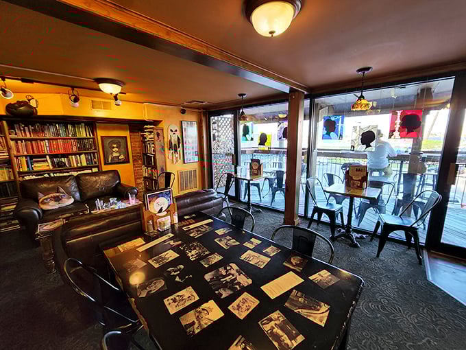 A dining area where Hemingway would feel at home &ndash; leather seating, wooden tables, and enough books to make you forget about your phone.