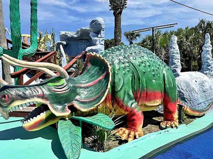 This technicolor triceratops brings prehistoric charm to the putting green, its vibrant scales catching the Florida sunshine in a rainbow of hues.