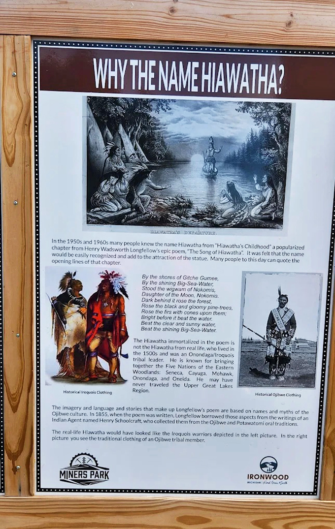 This informational display explains Hiawatha's literary origins in Longfellow's famous poem, adding cultural context that enriches the visitor experience beyond mere sightseeing.