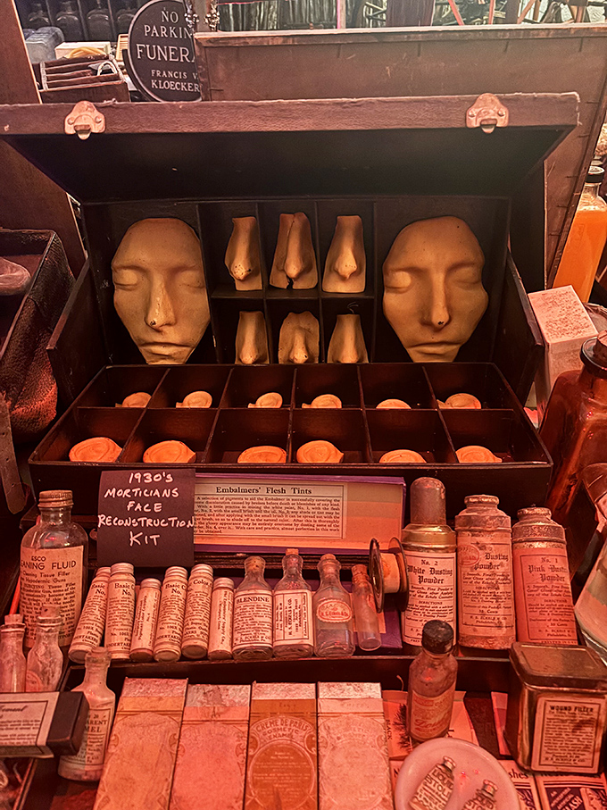 This 1930s mortician's face reconstruction kit reveals the artistry behind funeral preparation, complete with flesh tints and facial molds.