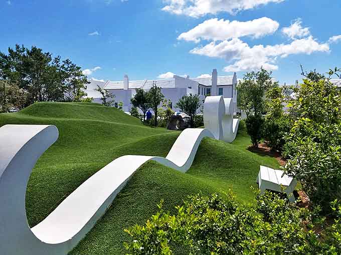 Whimsical white domes create a playful landscape in Fonville Park, where art and function merge in Alys Beach's distinctive public spaces.